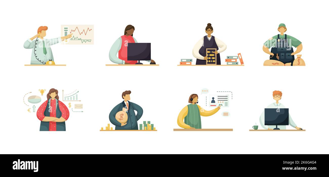 Vector set of illustrations of professional employees of the financial ...