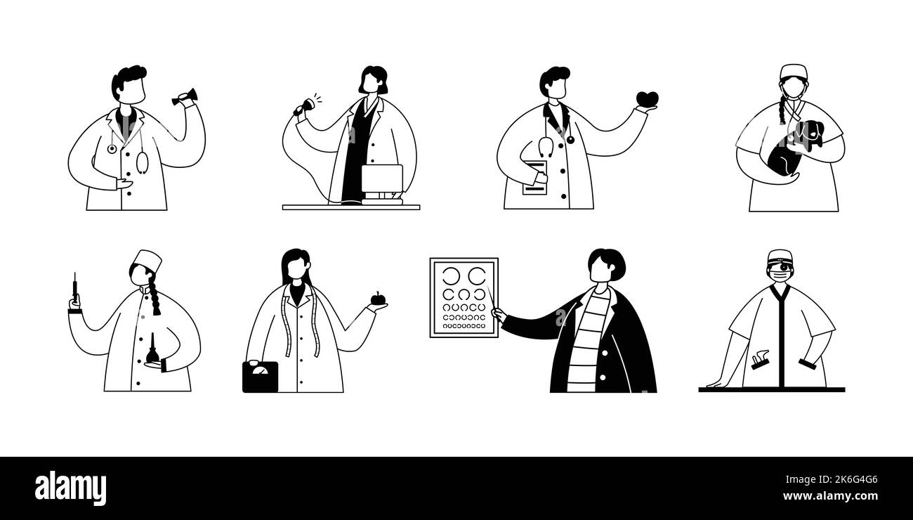 Vector set of illustrations of professional medical workers. Line art ...