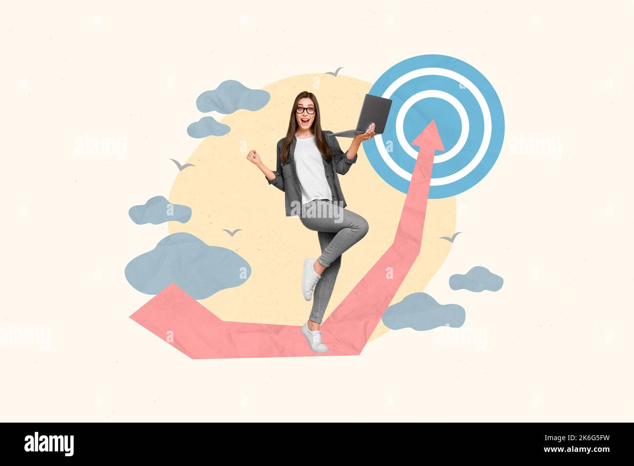 Creative collage image of delighted excited girl hold netbook raise ...