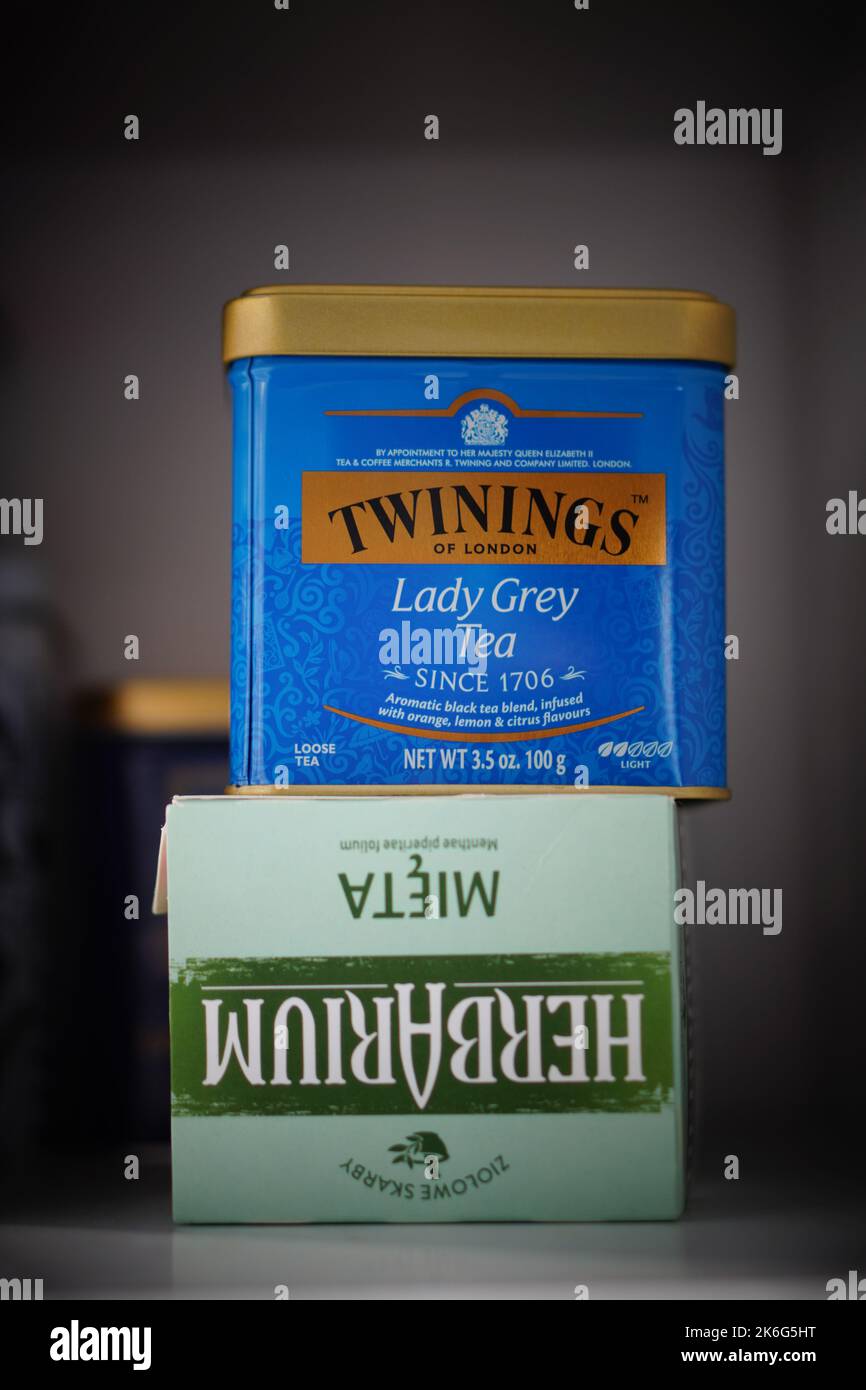A vertical shot of Twinings brand Lady Grey Tea and Herbarium tea boxes ...