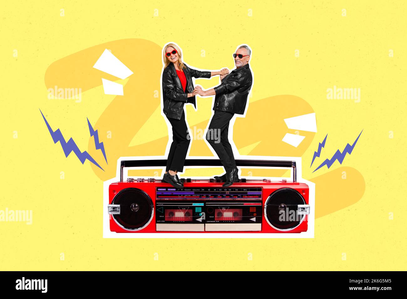 Composite collage picture of two excited aged people hold hands dancing ...