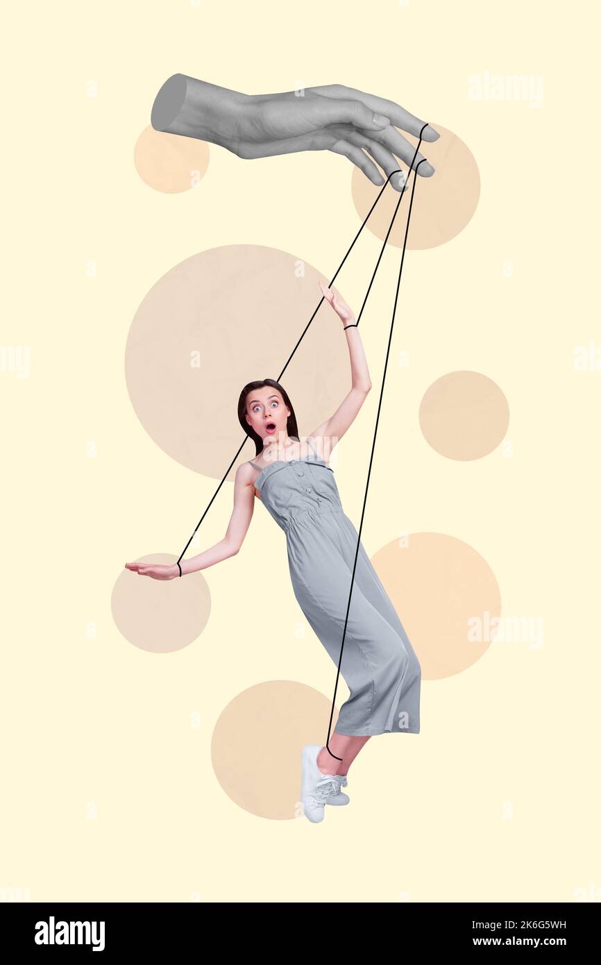 Vertical collage illustration of huge arm black white gamma hold ...