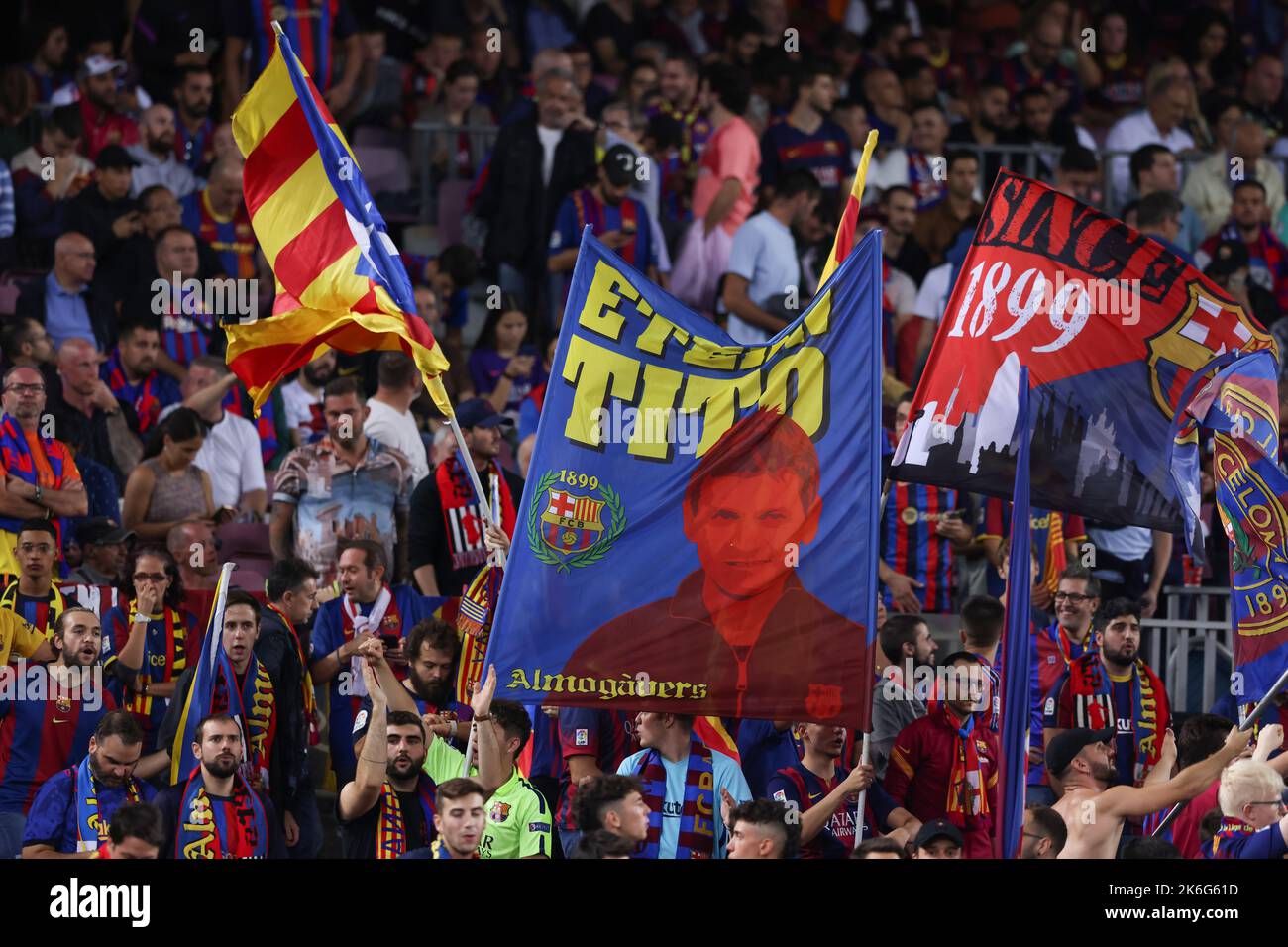 Barcelona, Spain, 12th October 2022. FC Barcelona fans wave flags and ...