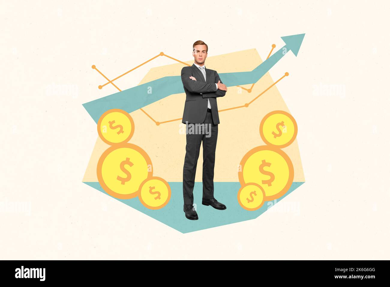 Collage picture of serious successful guy folded arms drawing money ...
