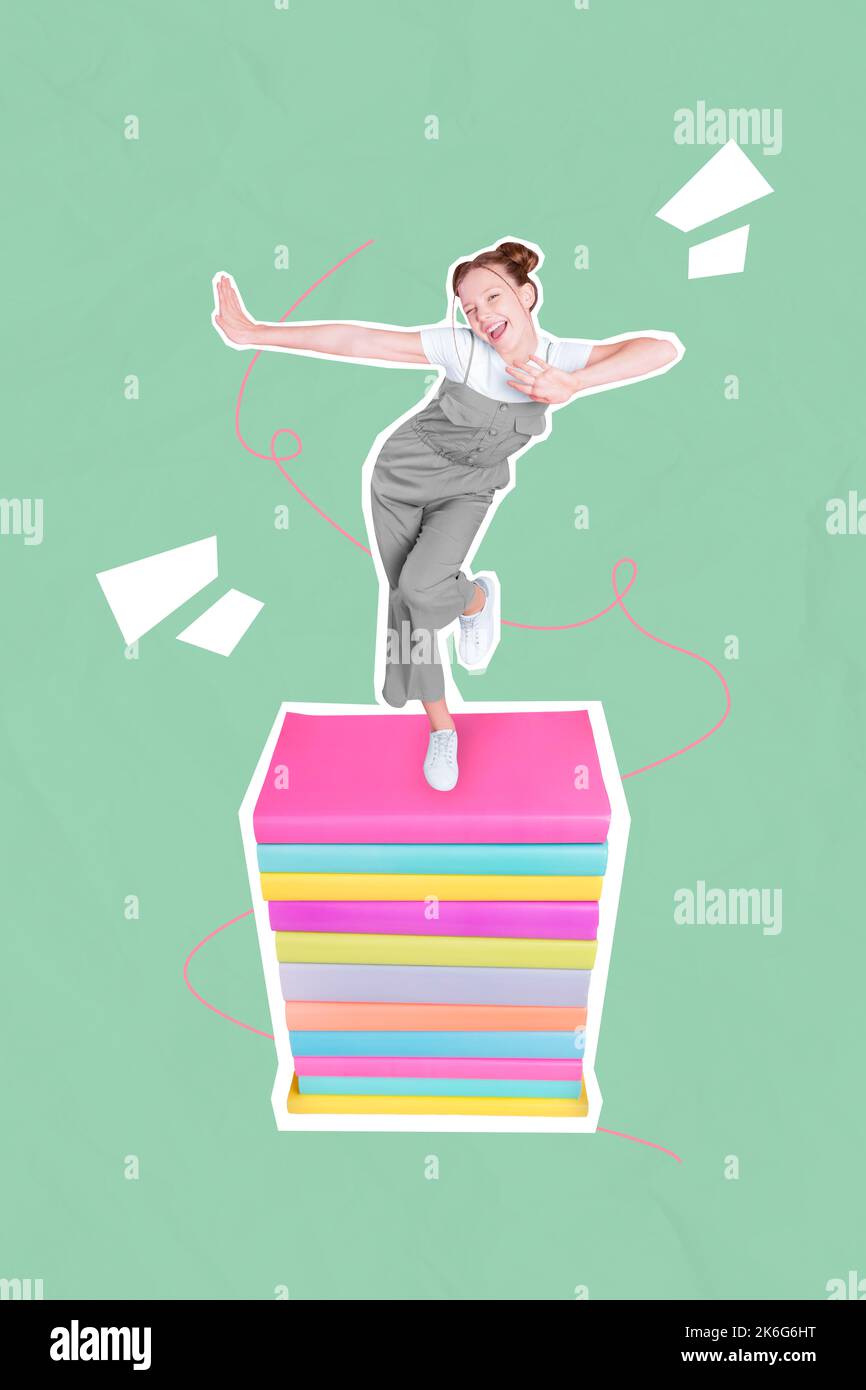 Vertical collage image of excited overjoyed girl dance pile stack book ...