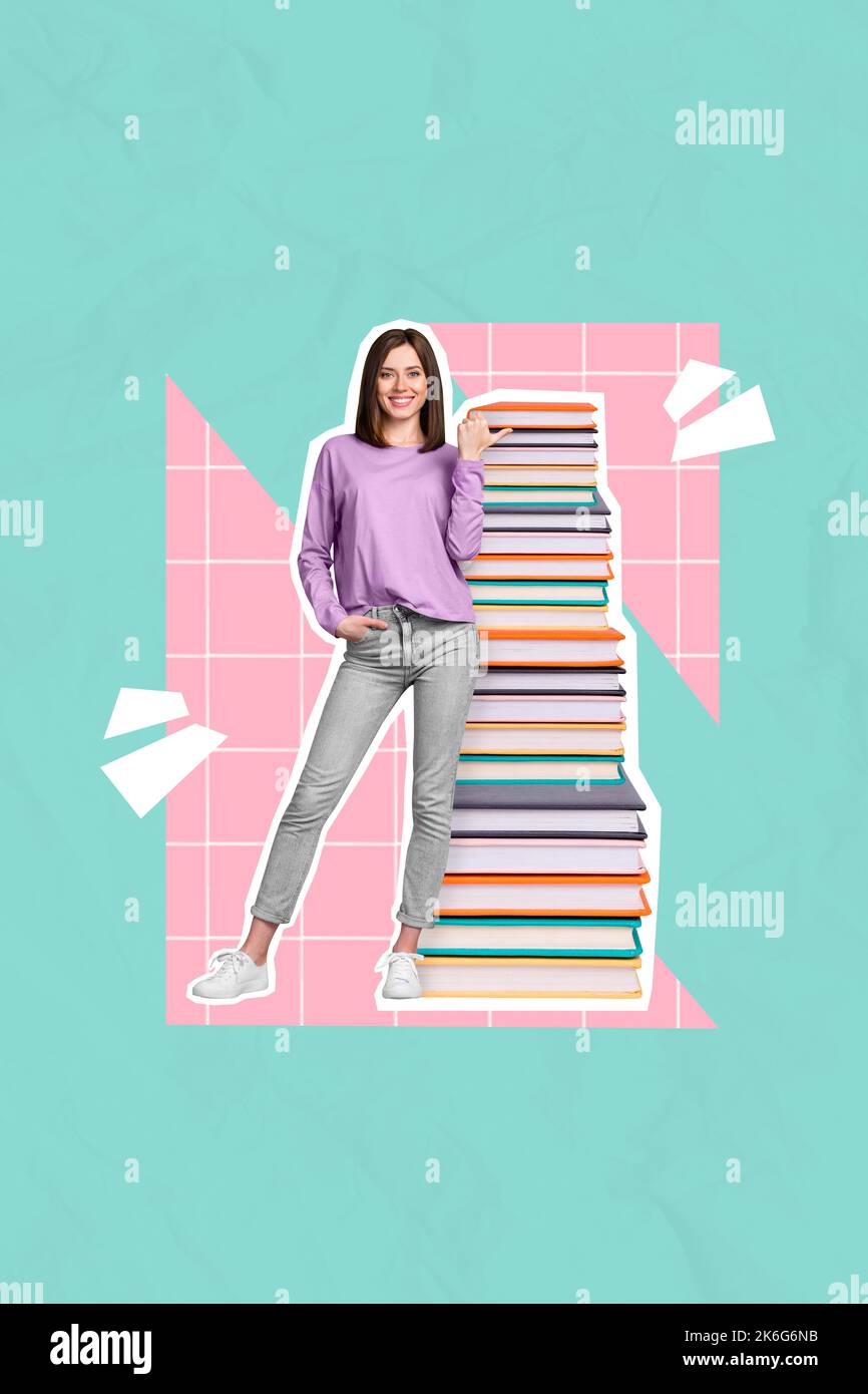 Vertical collage image of cheerful small girl indicate finger pile ...