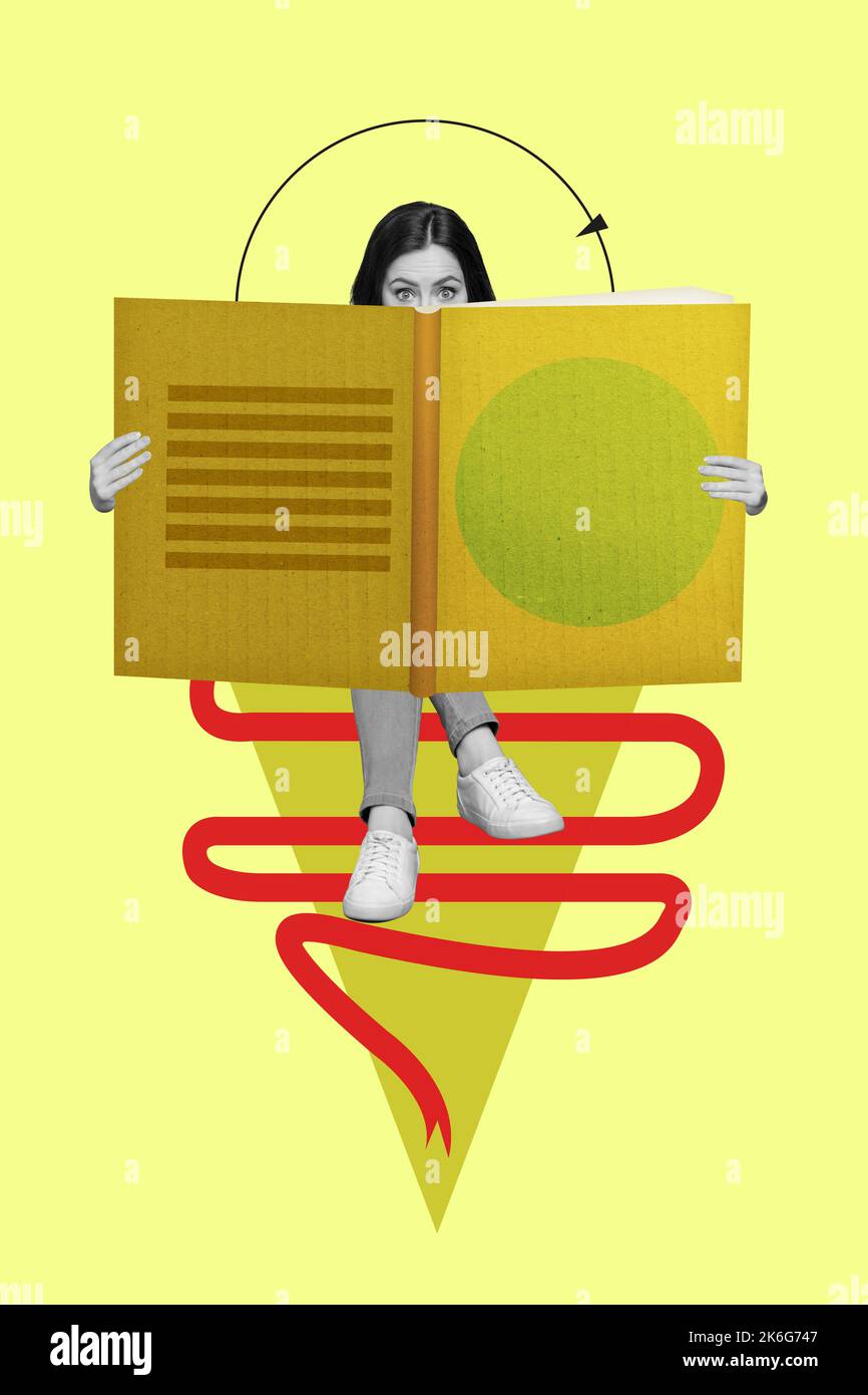 Creative drawing collage picture of little woman reading big ...
