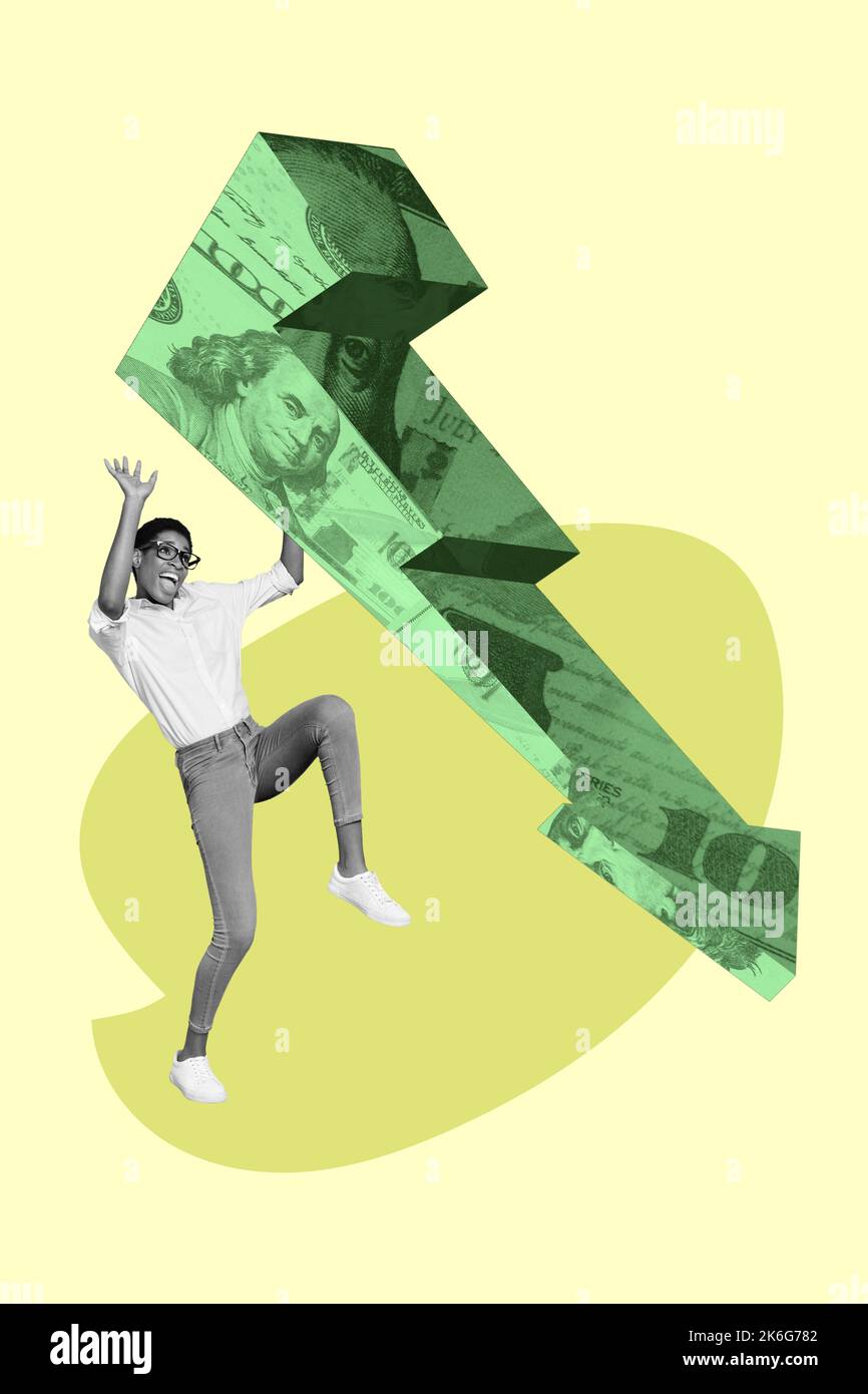 Collage photo of young influencer rich businesswoman hold arrow down ...