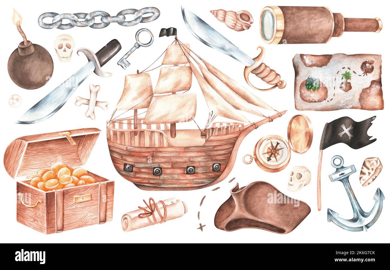 Set of pirate elements. Ship, chest of gold, saber, anchor, round bomb ...