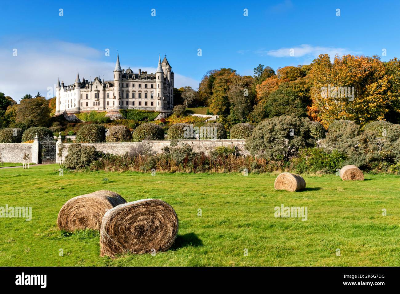 Dunrobin Castle Golspie Sutherland Scotland autumn trees and hay bales ...