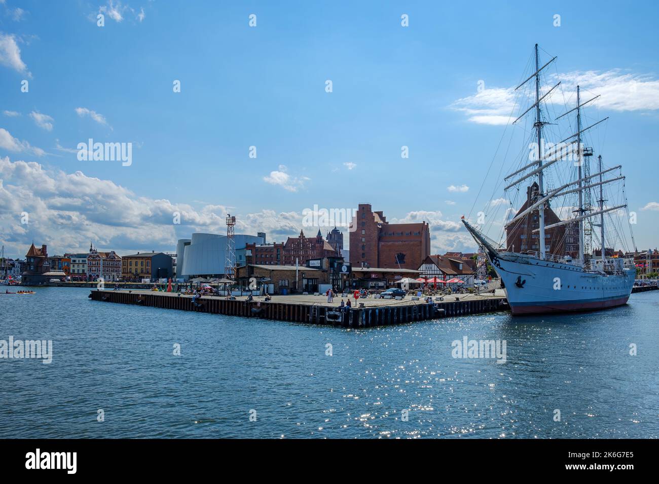 The sail training ship GORCH FOCK, rigged as a barque, at its berth ...
