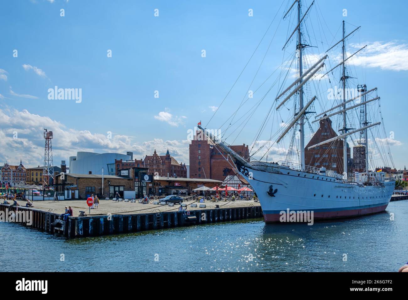 The sail training ship GORCH FOCK, rigged as a barque, at its berth ...