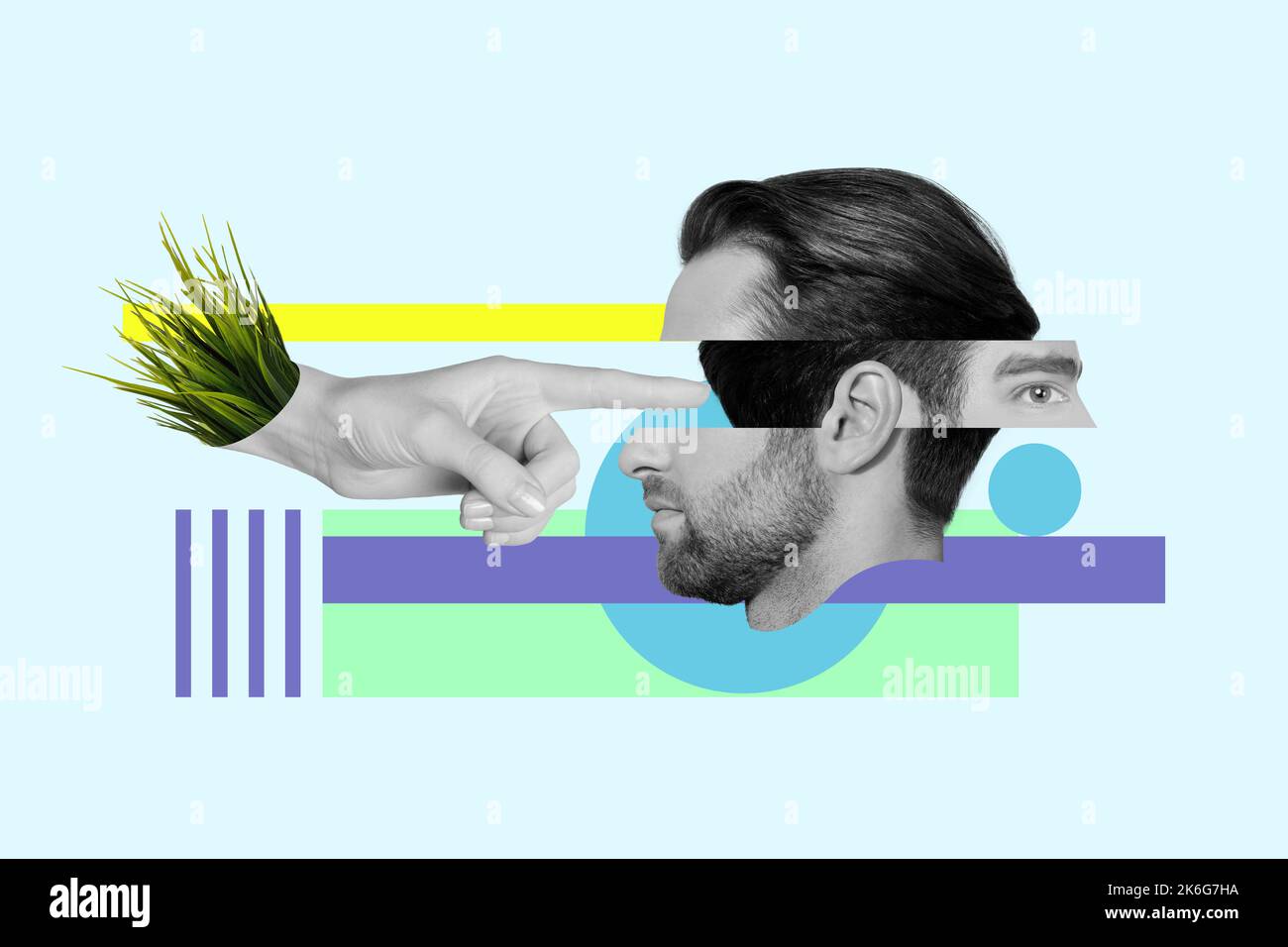 Creative poster collage of hand pushing male face glitch visual effect ...