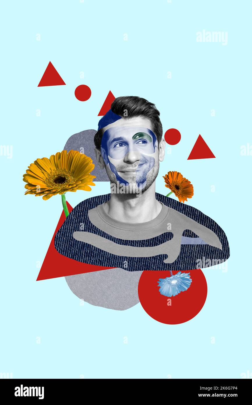 Creative poster collage of melancholic cute young man melting face ...