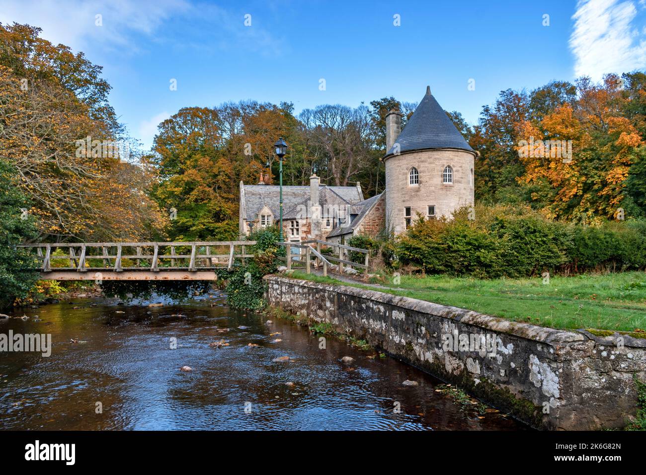 Golspie Sutherland Scotland house with turret and the small bridge over ...