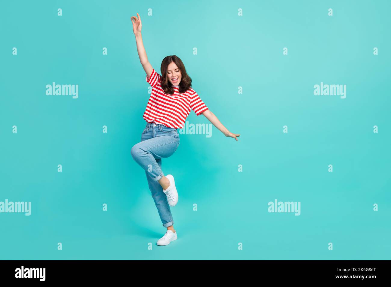 Full length photo of cheerful lovely cute lady eyes closed dancing ...