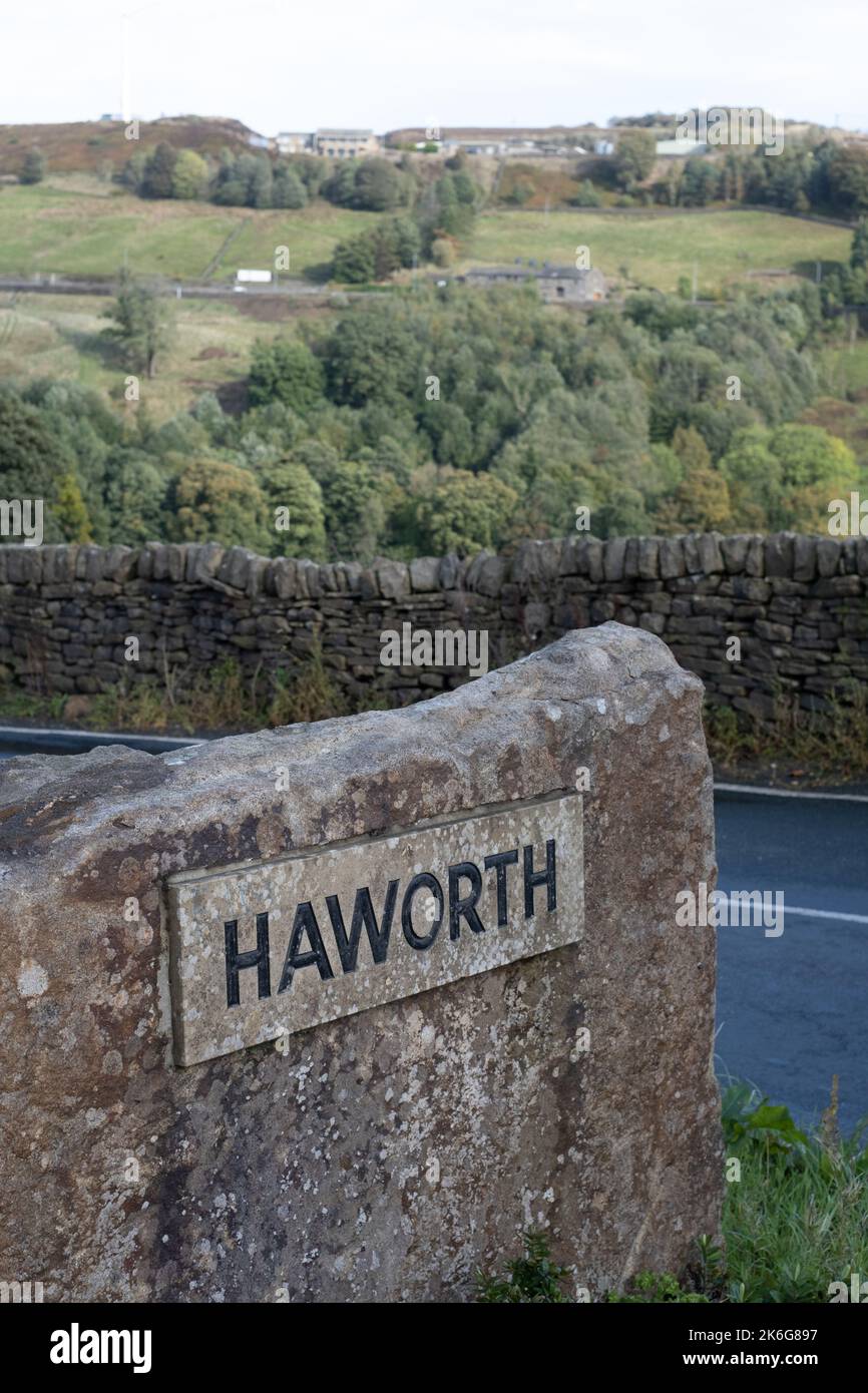Haworth, West Yorkshire, UK. Road sign on the edge of Haworth Village ...