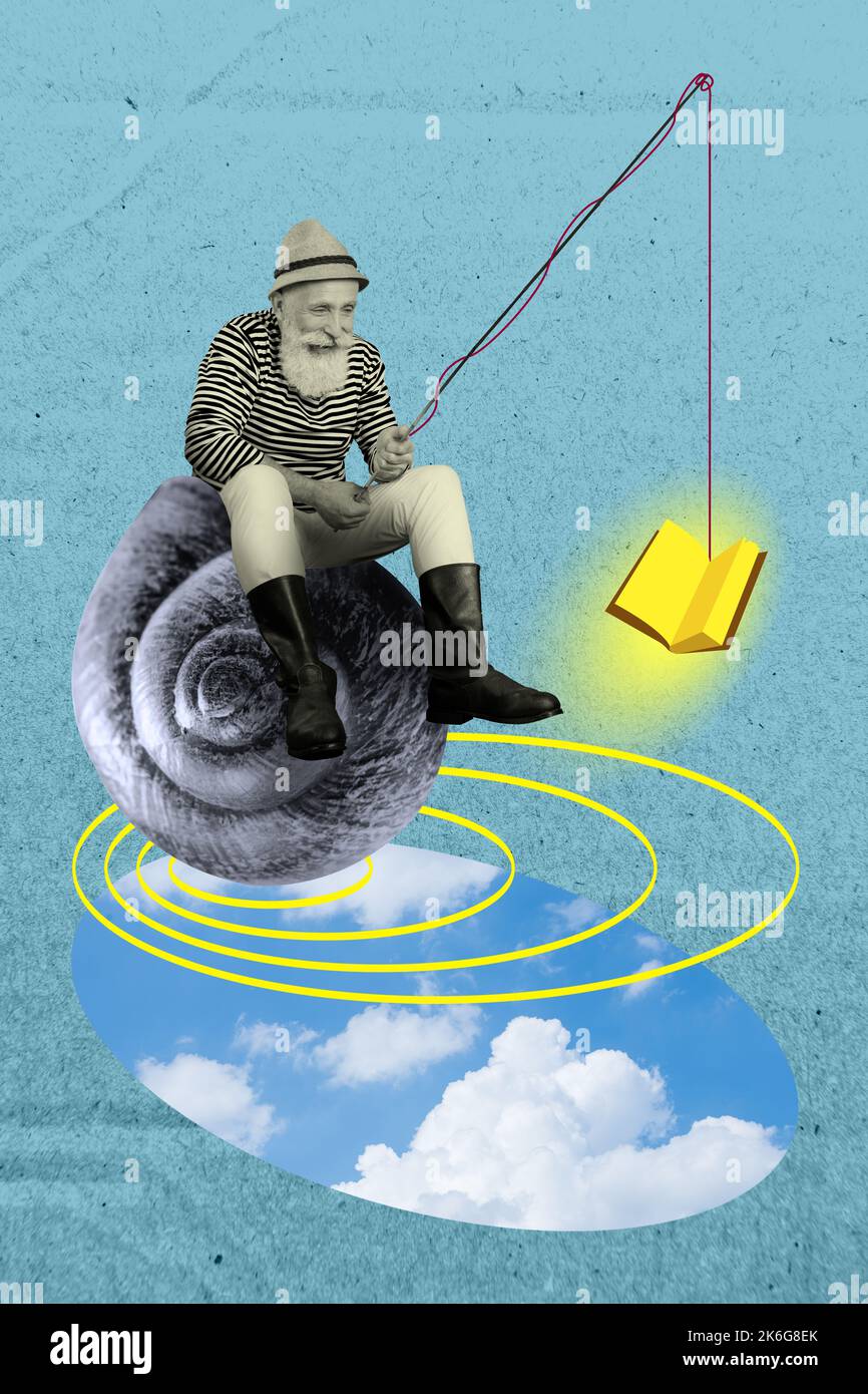 Vertical creative collage image of happy old man fisherman fishing book ...