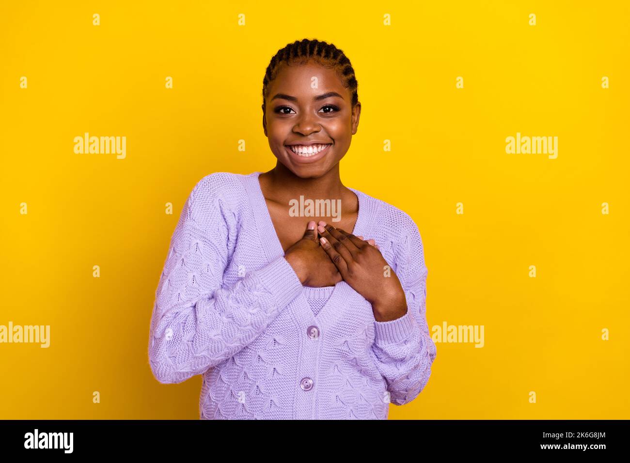 Portrait of positive lovely fascinated person arm touch chest toothy ...
