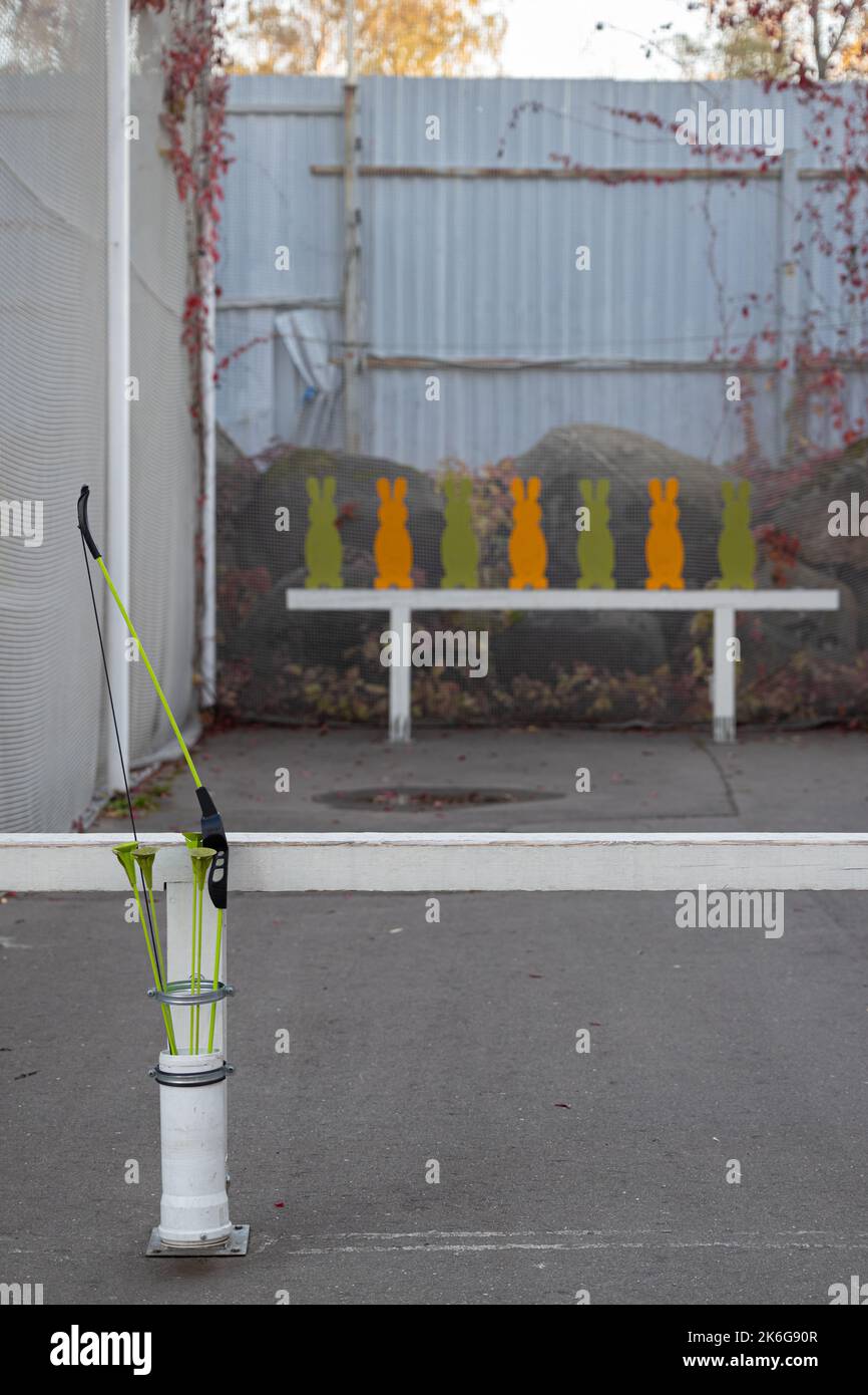 children's shooting range with archery in the children's park. children ...