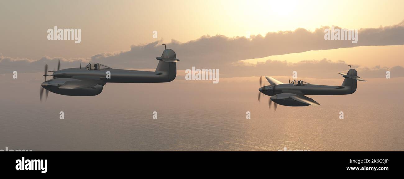 Two British fighter planes of World War II over the sea at sunset Stock ...