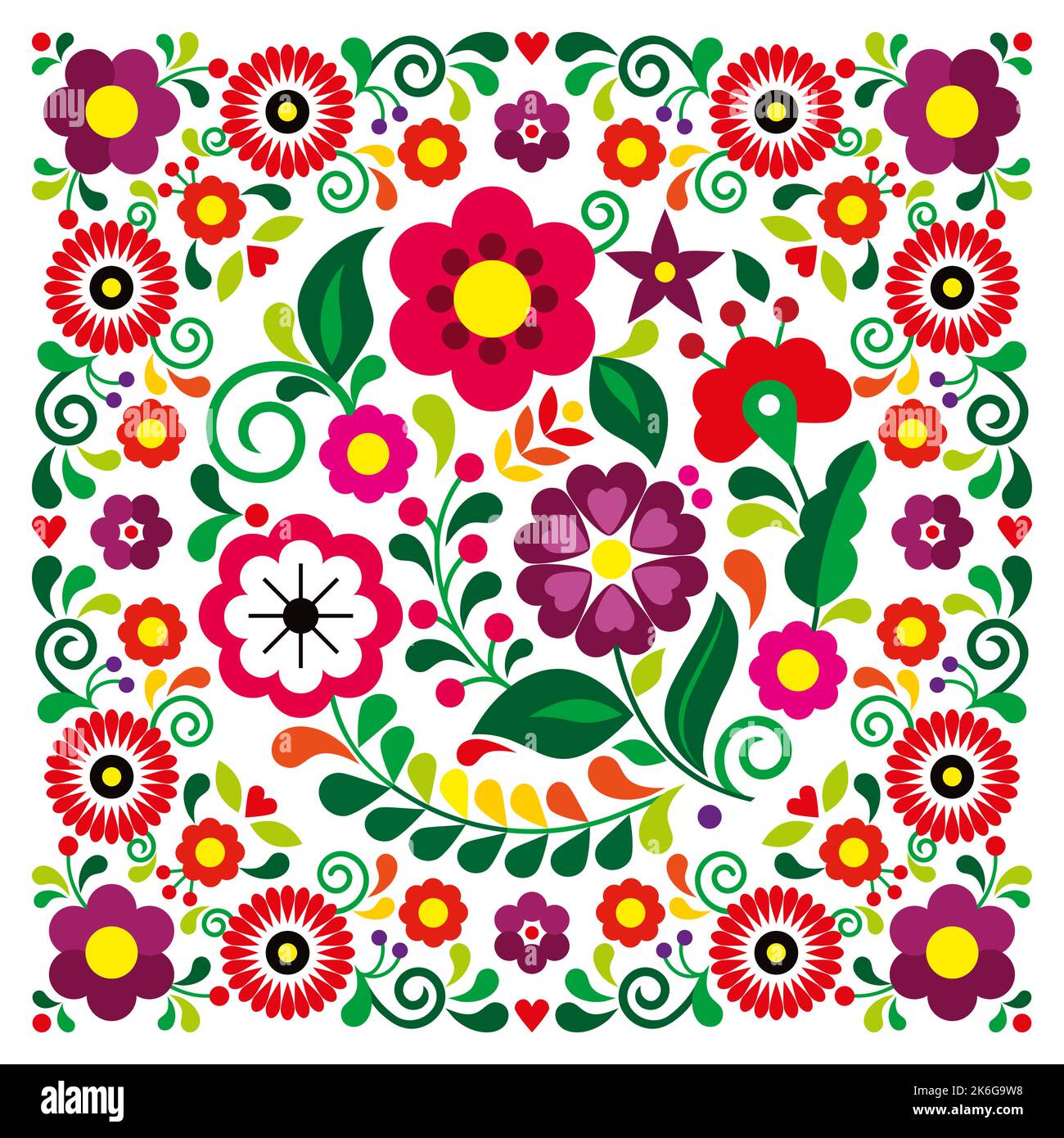 Mexican folk art style vector round floral pattern in frame, greeting ...