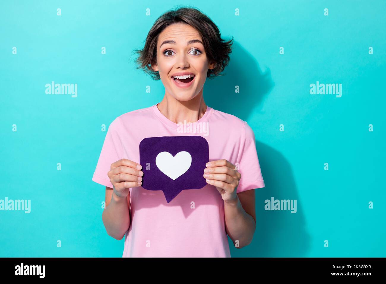 Portrait photo of young gorgeous happy girl smiling funny face reaction ...