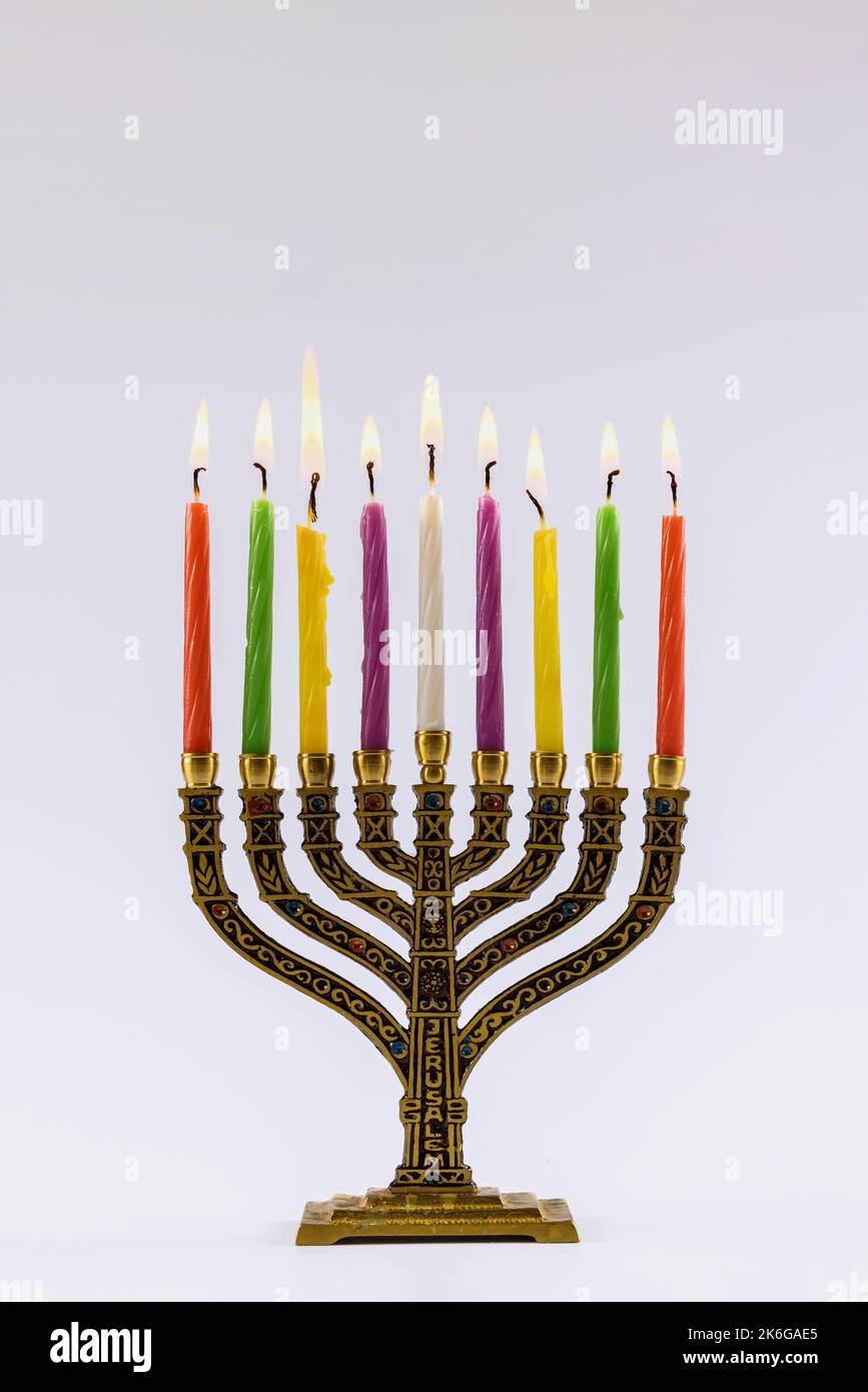 Hanukkah festival of menorah for Jewish holiday on white background ...