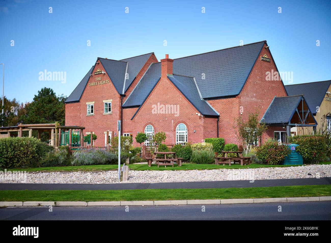 New build red brick pub The Three Lights,Fleetwood Stock Photo - Alamy