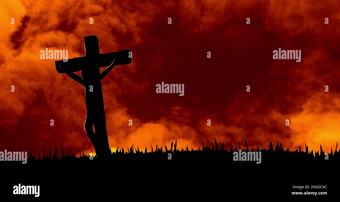 Image of christian cross over smoke and fire. Christianity, faith ...