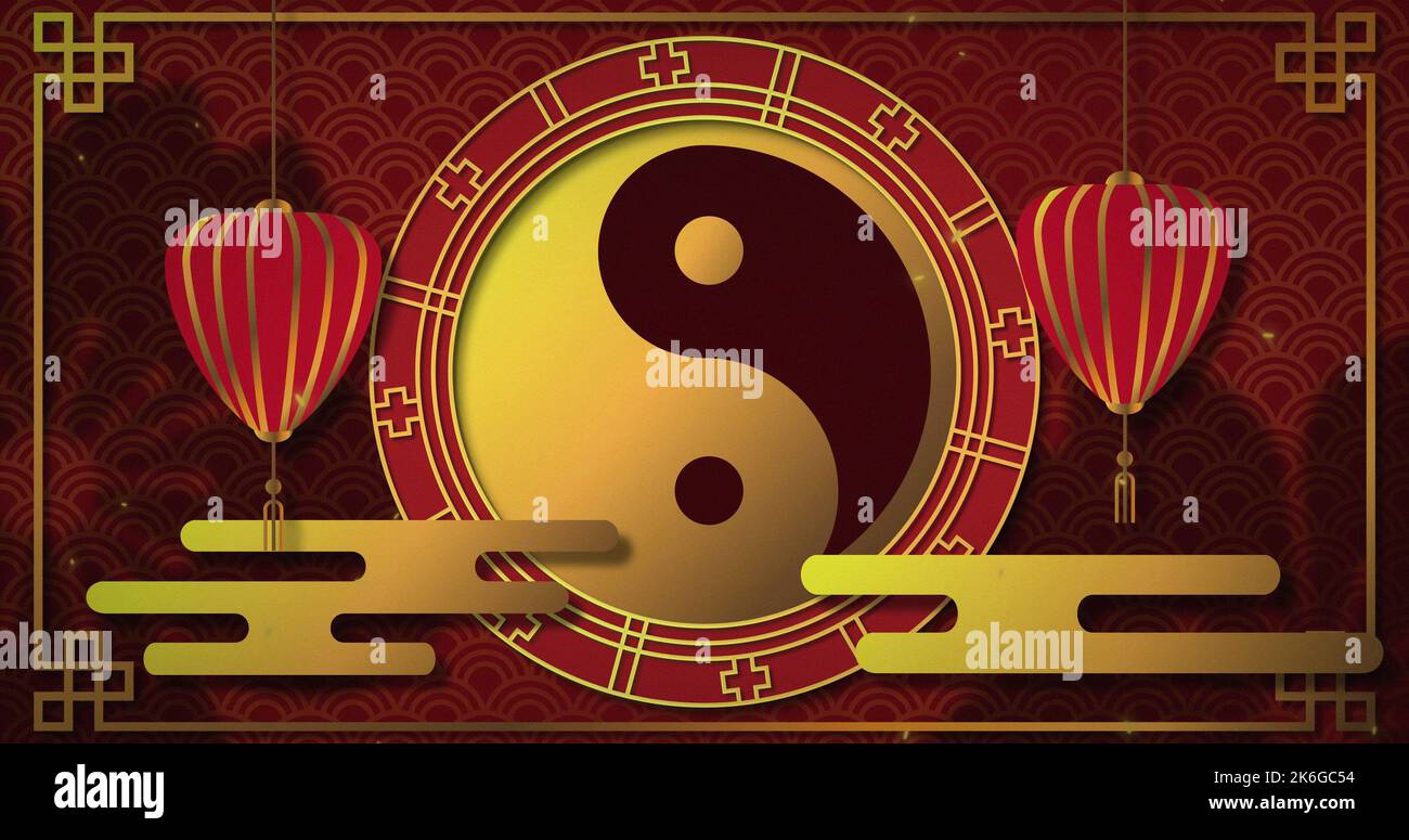 Image of chinese symbolic with yin yang, lanterns and shapes on red ...