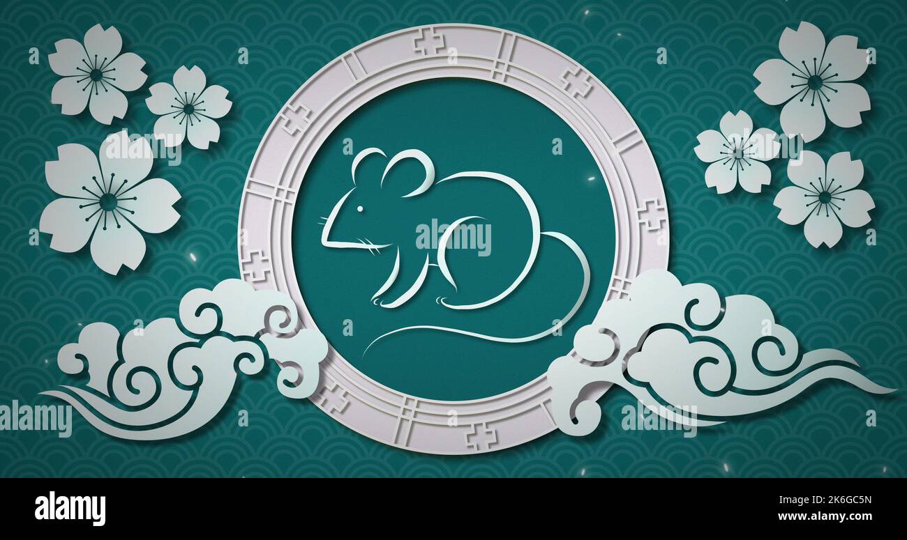 Image of chinese symbolic with mouse, flowers and clouds on green ...
