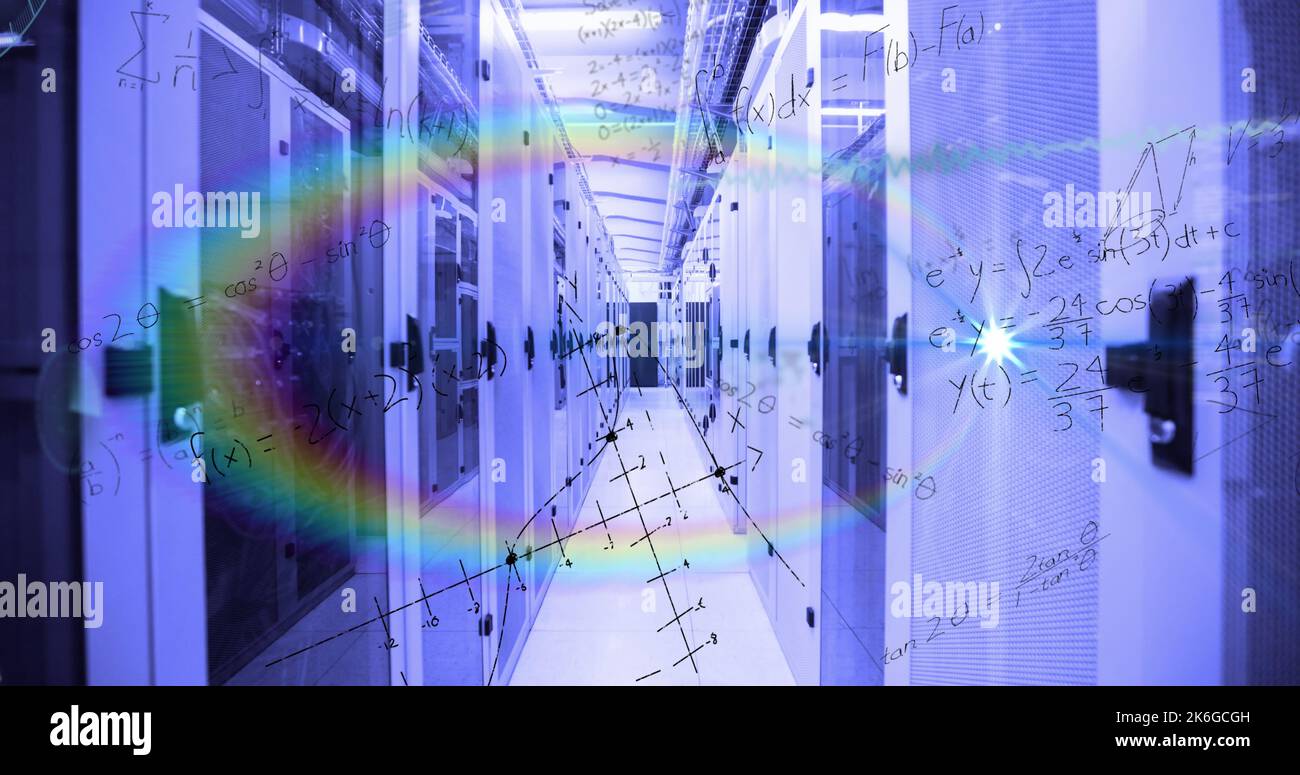 Image of mathematical equations and data processing over rainbow lens ...