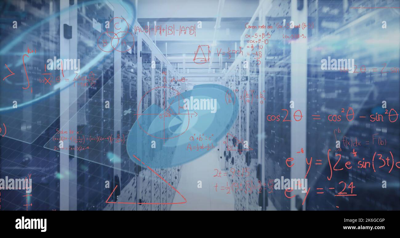 Image of mathematical equations and data processing against computer ...
