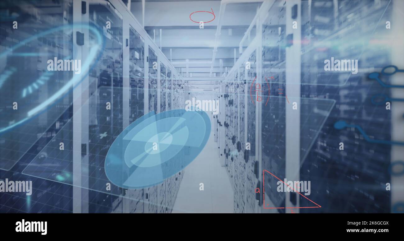 Image of mathematical equations and data processing against computer ...