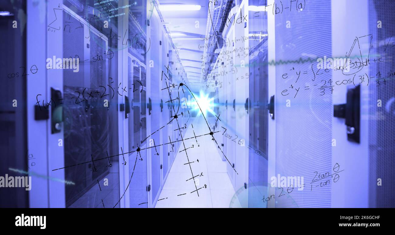 Image Of Mathematical Equations And Data Processing Over Rainbow Lens Flare Against Server Room