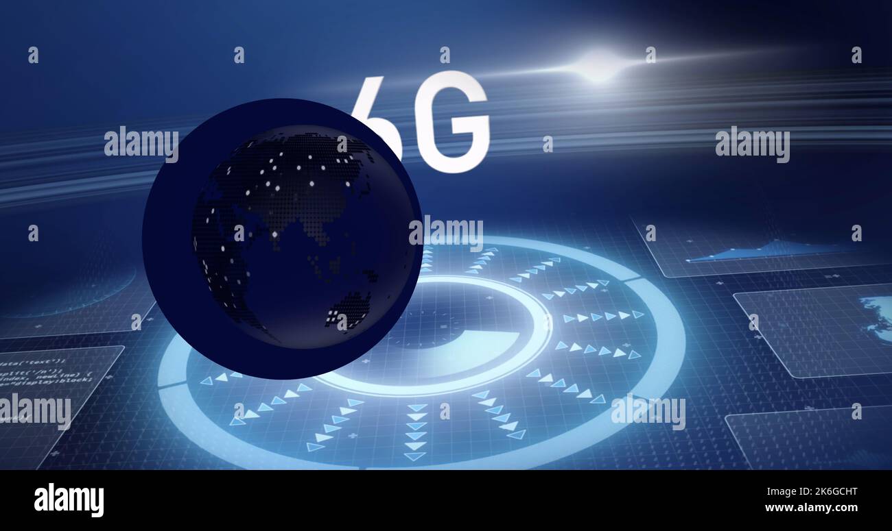 Composition of data processing and globe with scope scanning and 6g text on black background ...