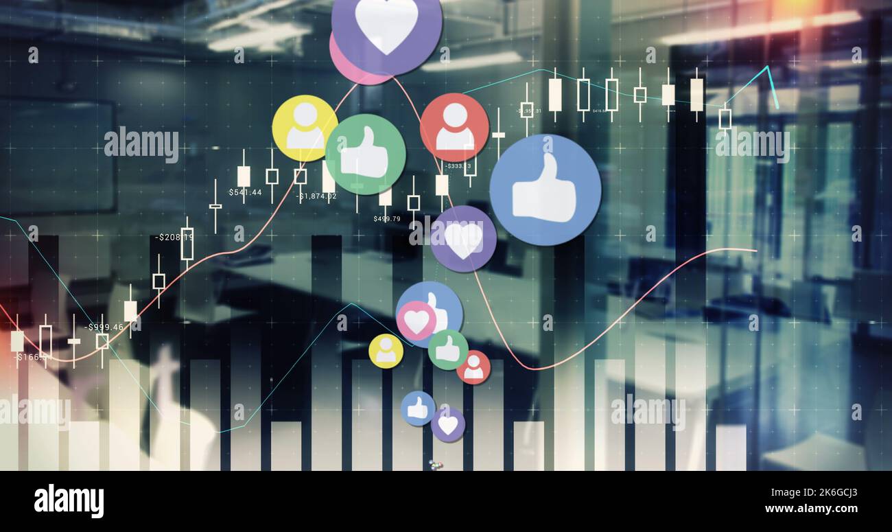 Image of social media reactions over graphs and office. Social media ...