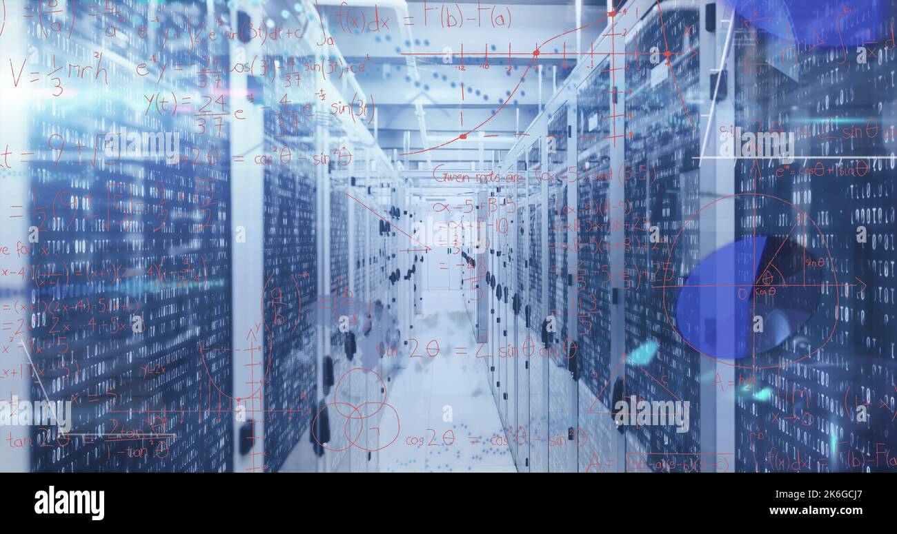 Image of mathematical equations and data processing against computer ...