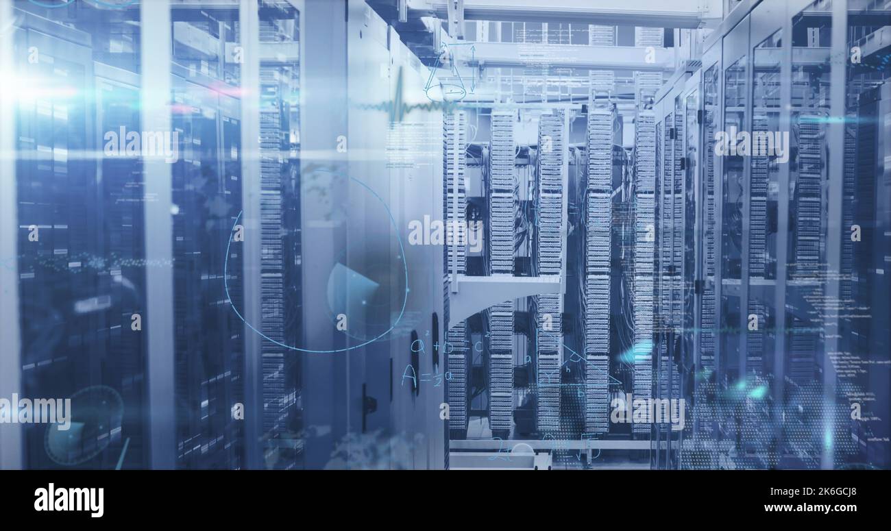 Image of mathematical equations and data processing against computer ...