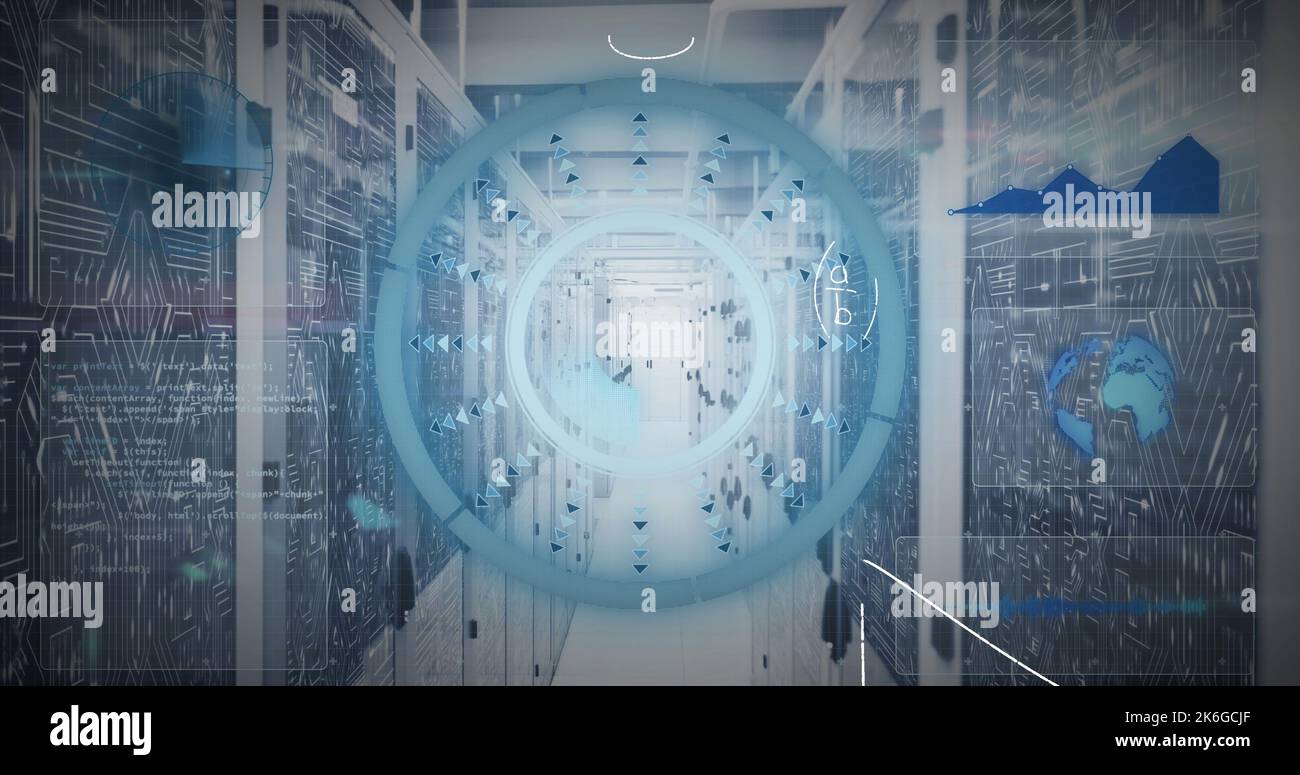 The image depicts a global network of computer servers processing data ...