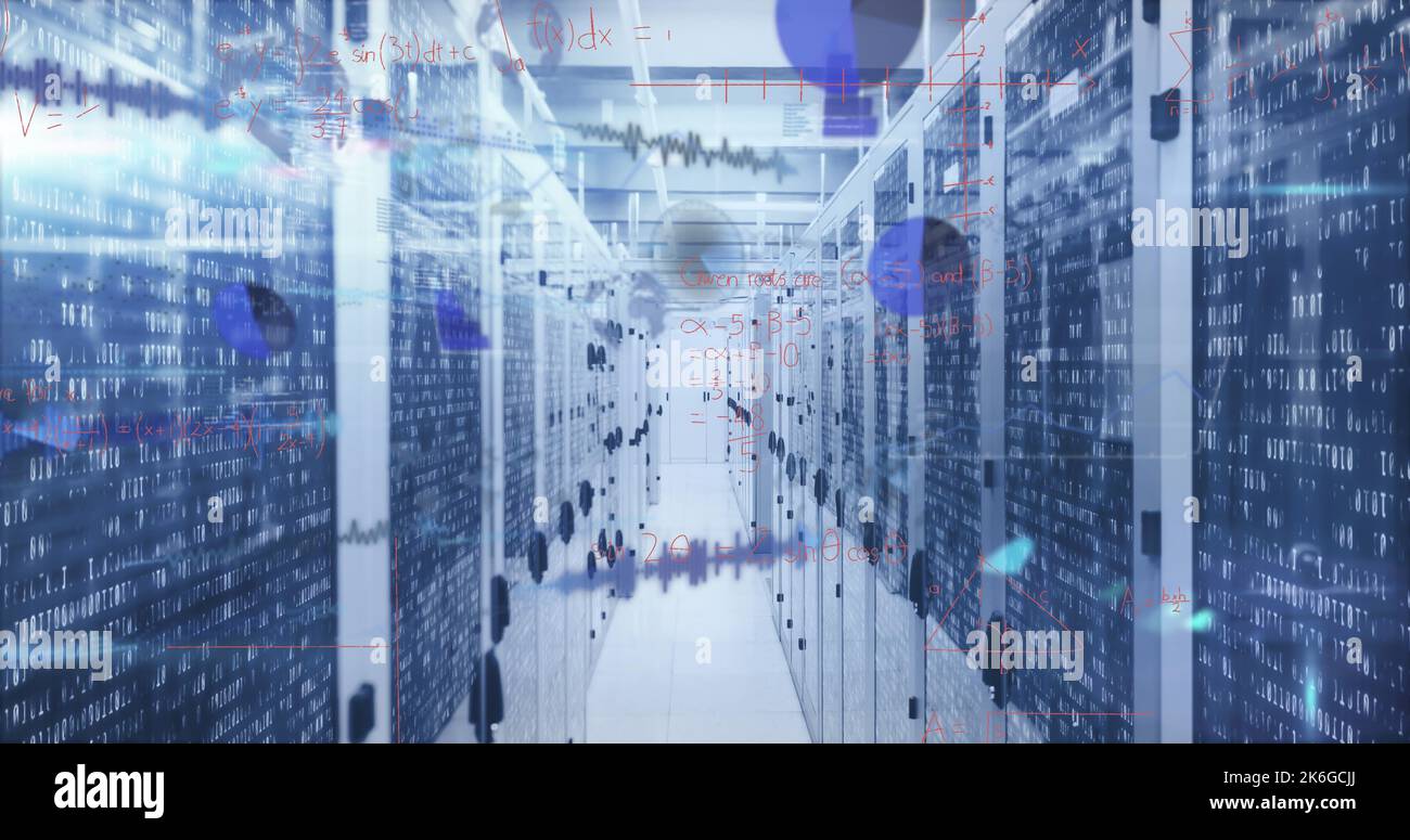 Image of mathematical equations and data processing against computer ...