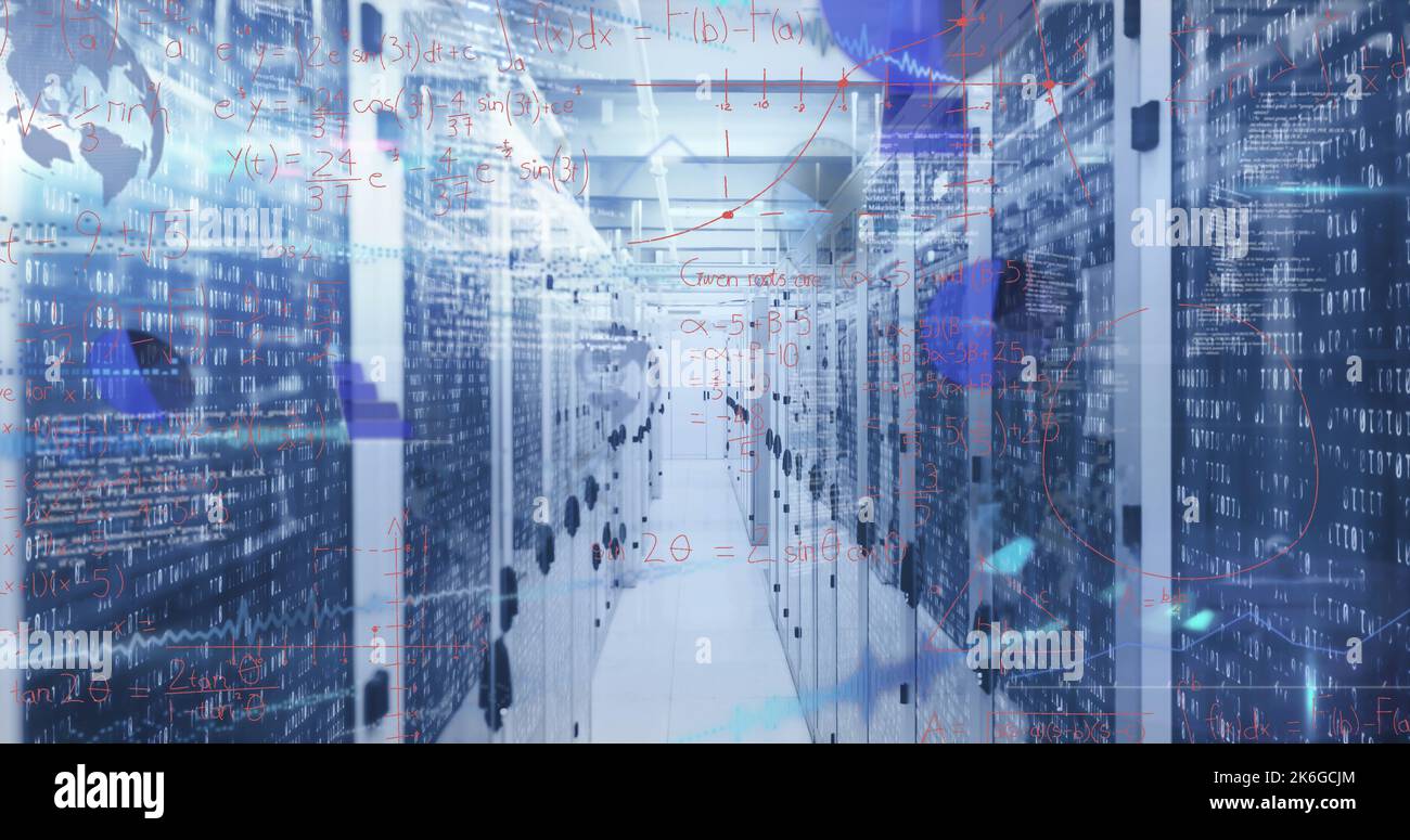 Image of mathematical equations and data processing against computer ...