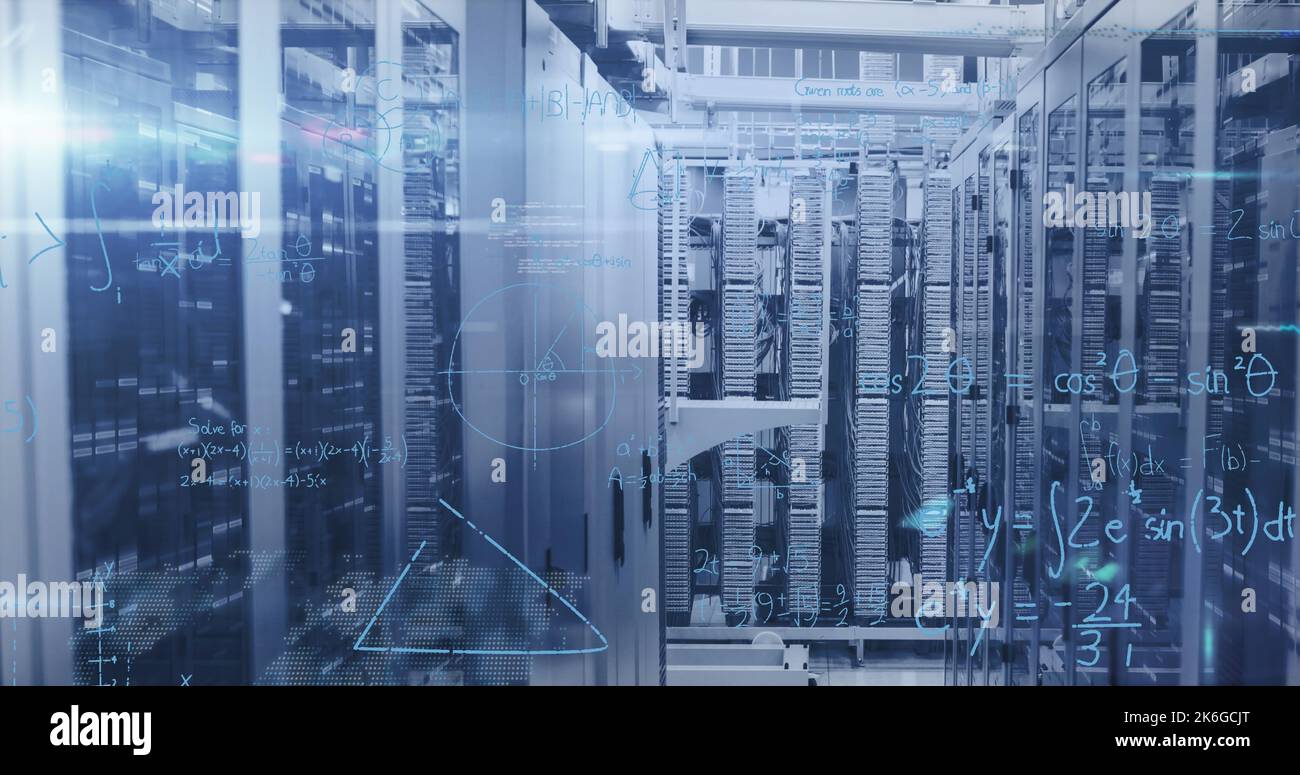 Image of mathematical equations and data processing against computer ...