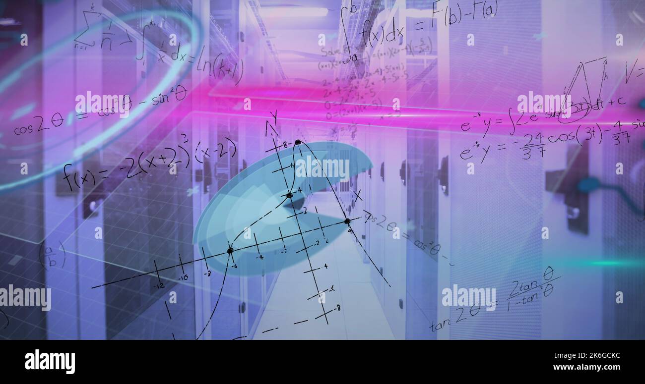 Image of mathematical equations and data processing against computer ...