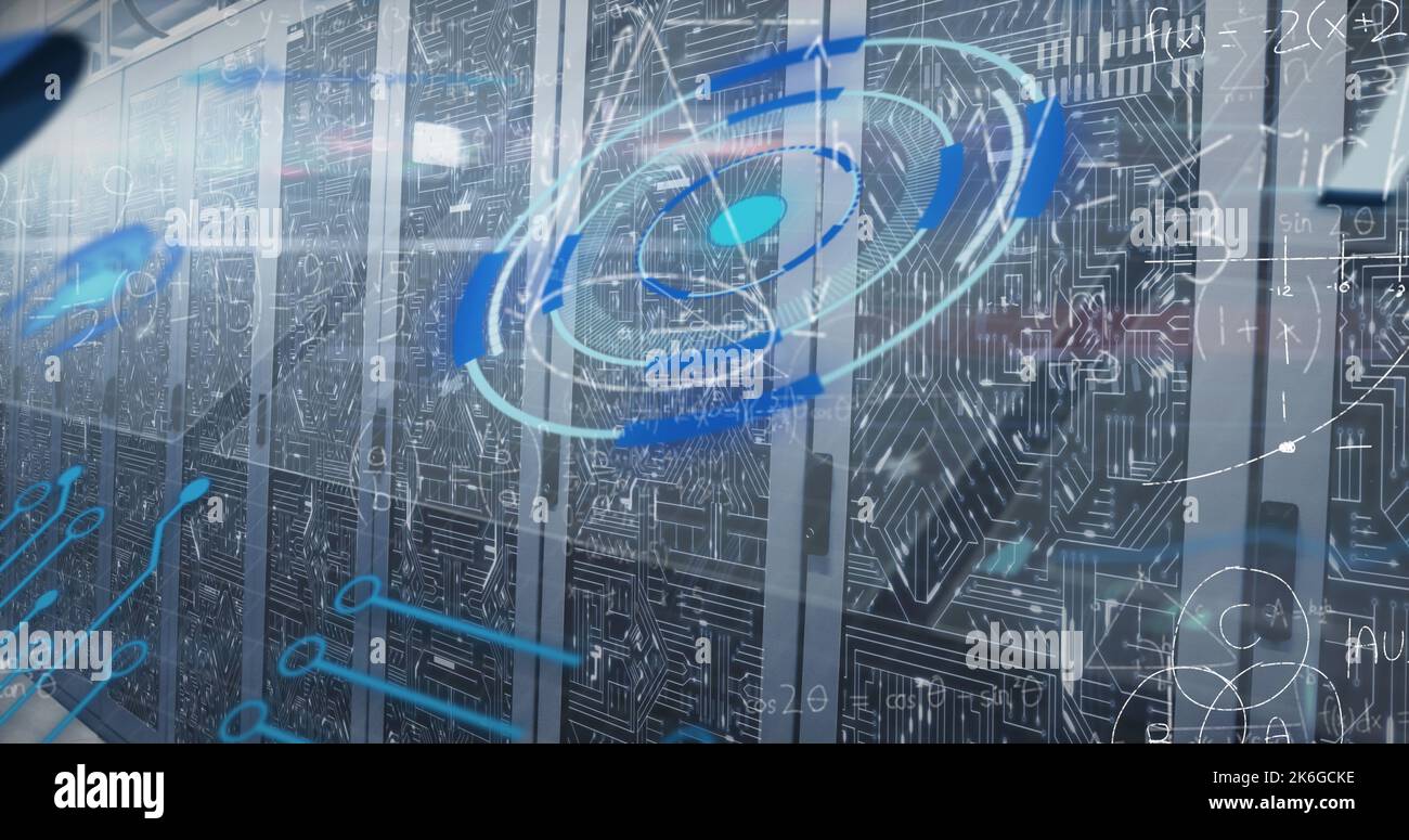 Image of mathematical equations and data processing against computer ...