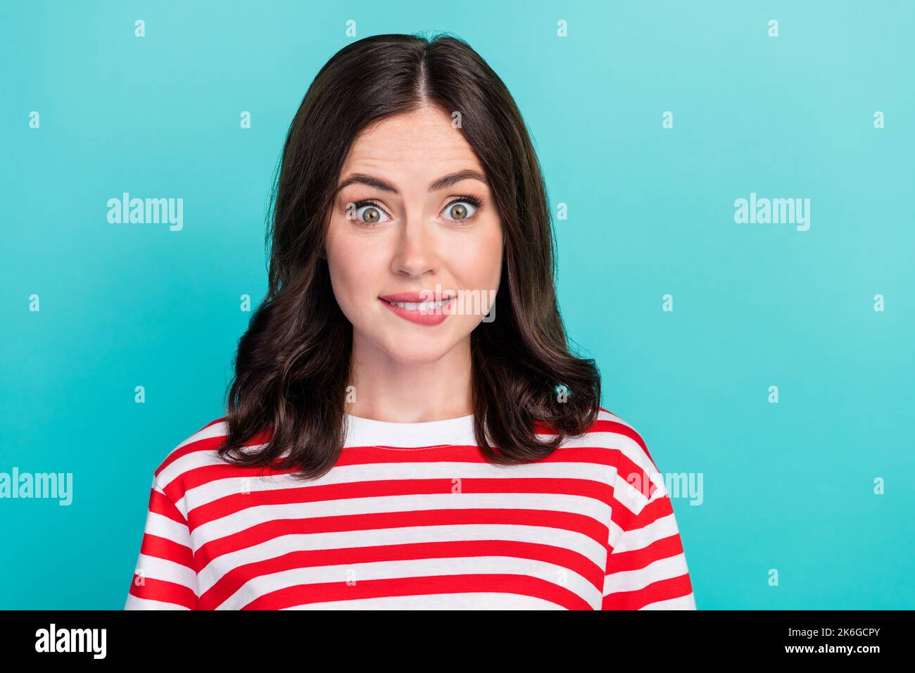 Close up photo nice pretty worried person lady teeth bite lips dressed ...