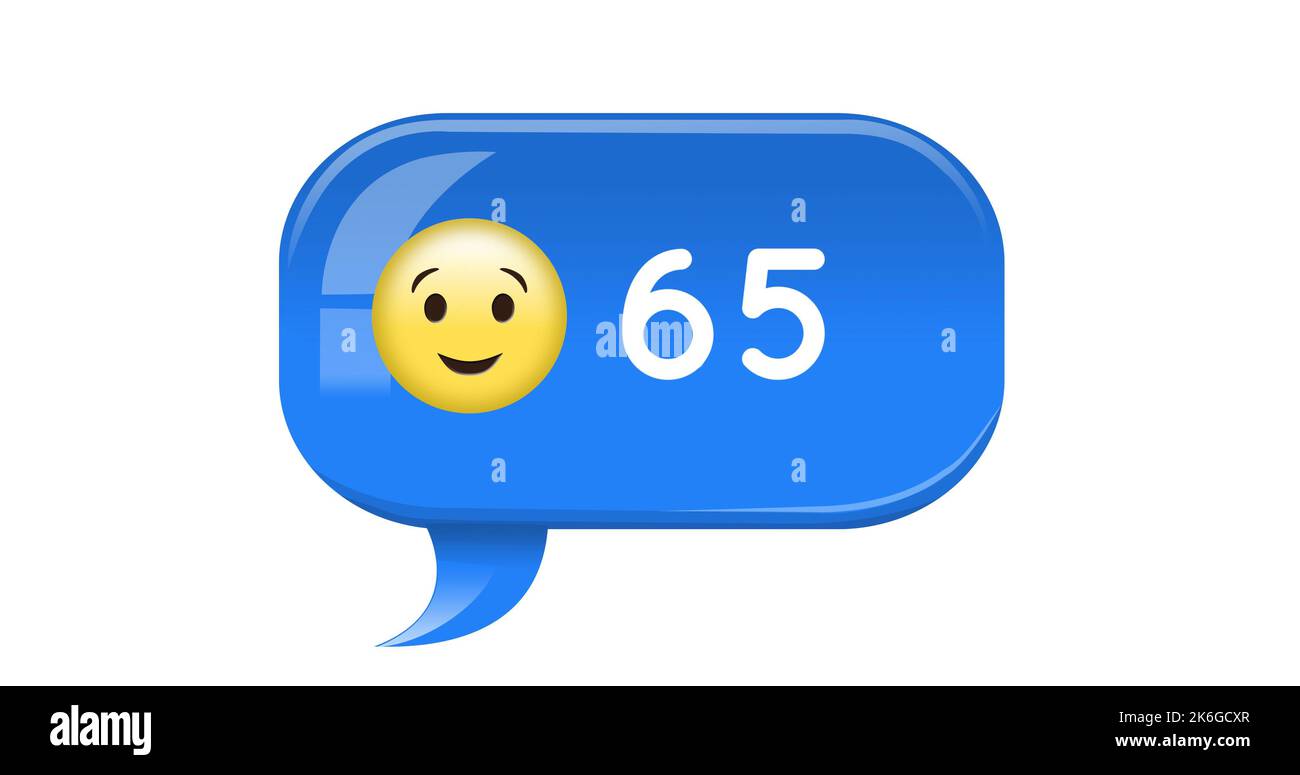 Image of 65 notifications and emoticon on white background. Social ...