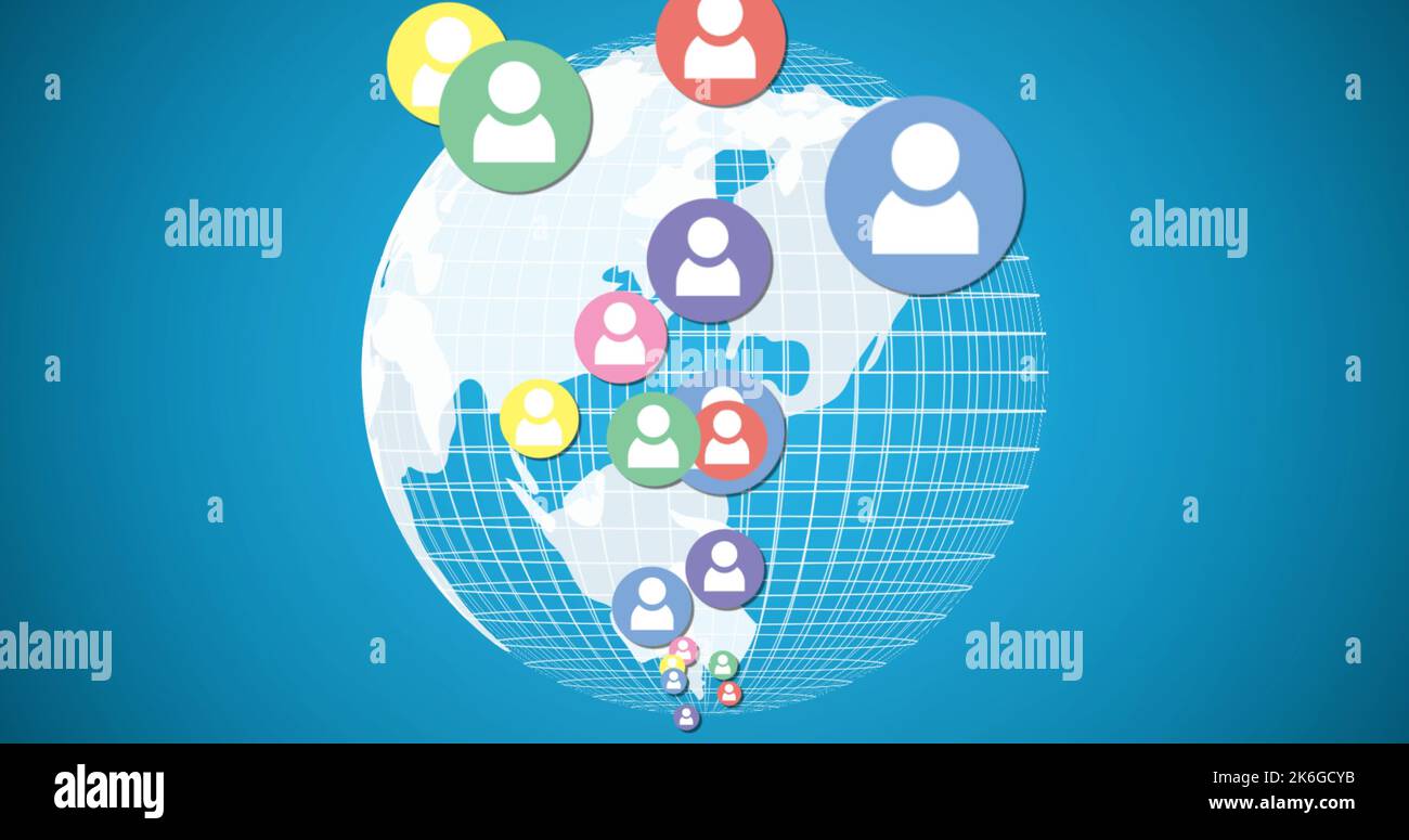 Image of user icons over globe and blue background. Social media ... Image of user icons over globe and blue background. Social media ...