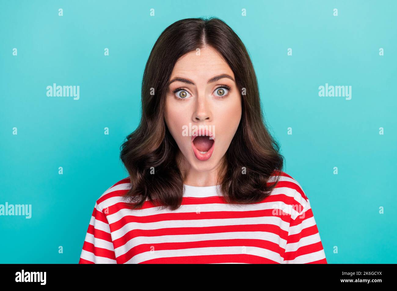 Closeup photo of young adorable pretty nice cute woman wear red striped ...